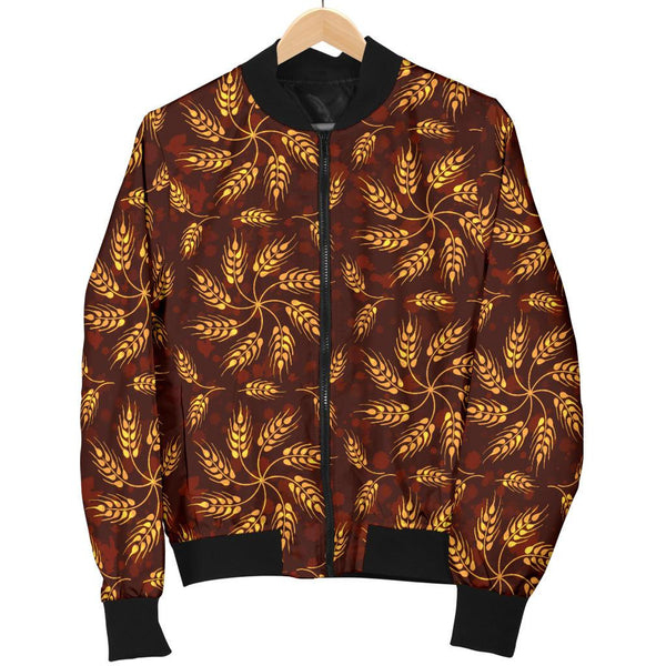 Agricultural Brown Wheat Print Pattern Women's Bomber Jacket - JTAMIGO