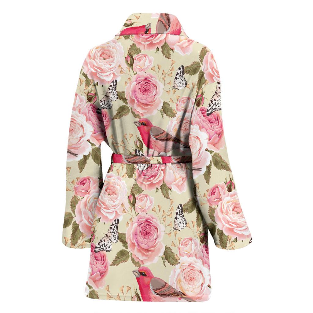 Bird Butterfly Pink Flower Print Pattern Women Bathrobe - JTAMIGO