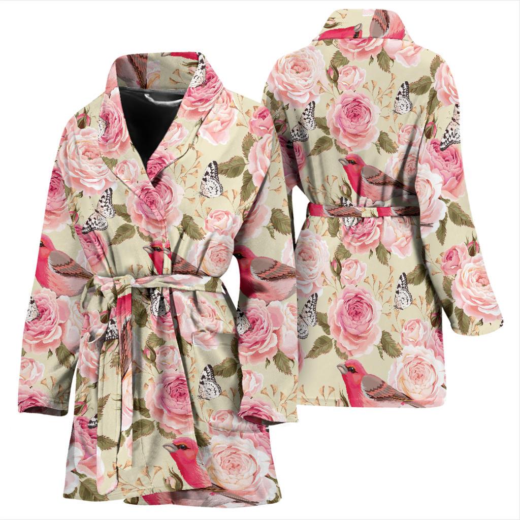 Bird Butterfly Pink Flower Print Pattern Women Bathrobe - JTAMIGO