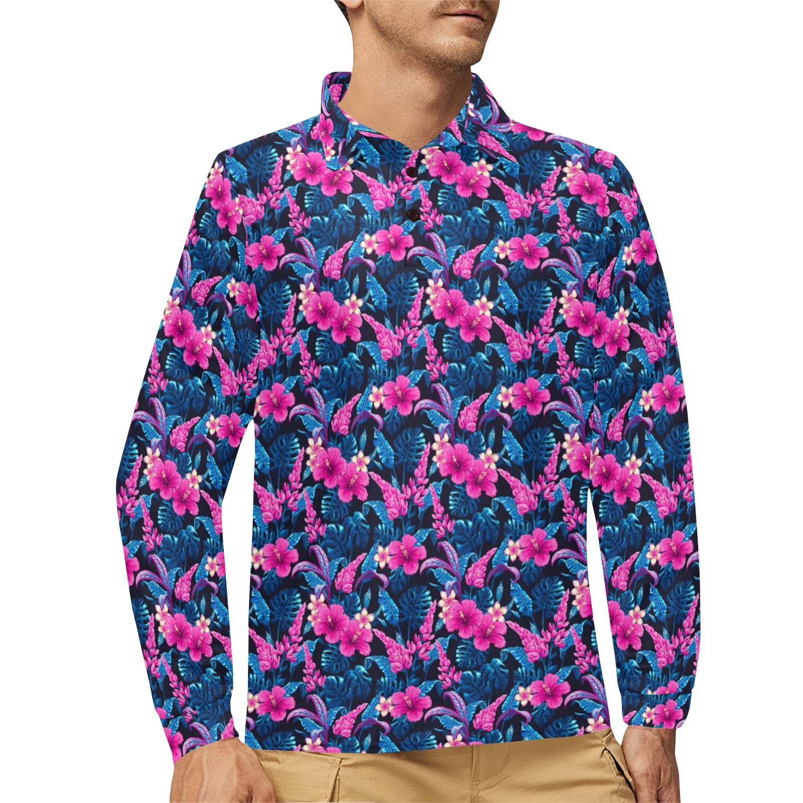 Tropical Folower Pink Themed Print Long Sleeve Polo Shirt For Men's ...