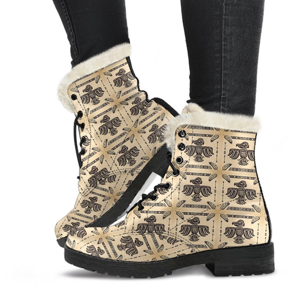 Native American Themed Design Print Faux Fur Winter Leather Boots - JTAMIGO
