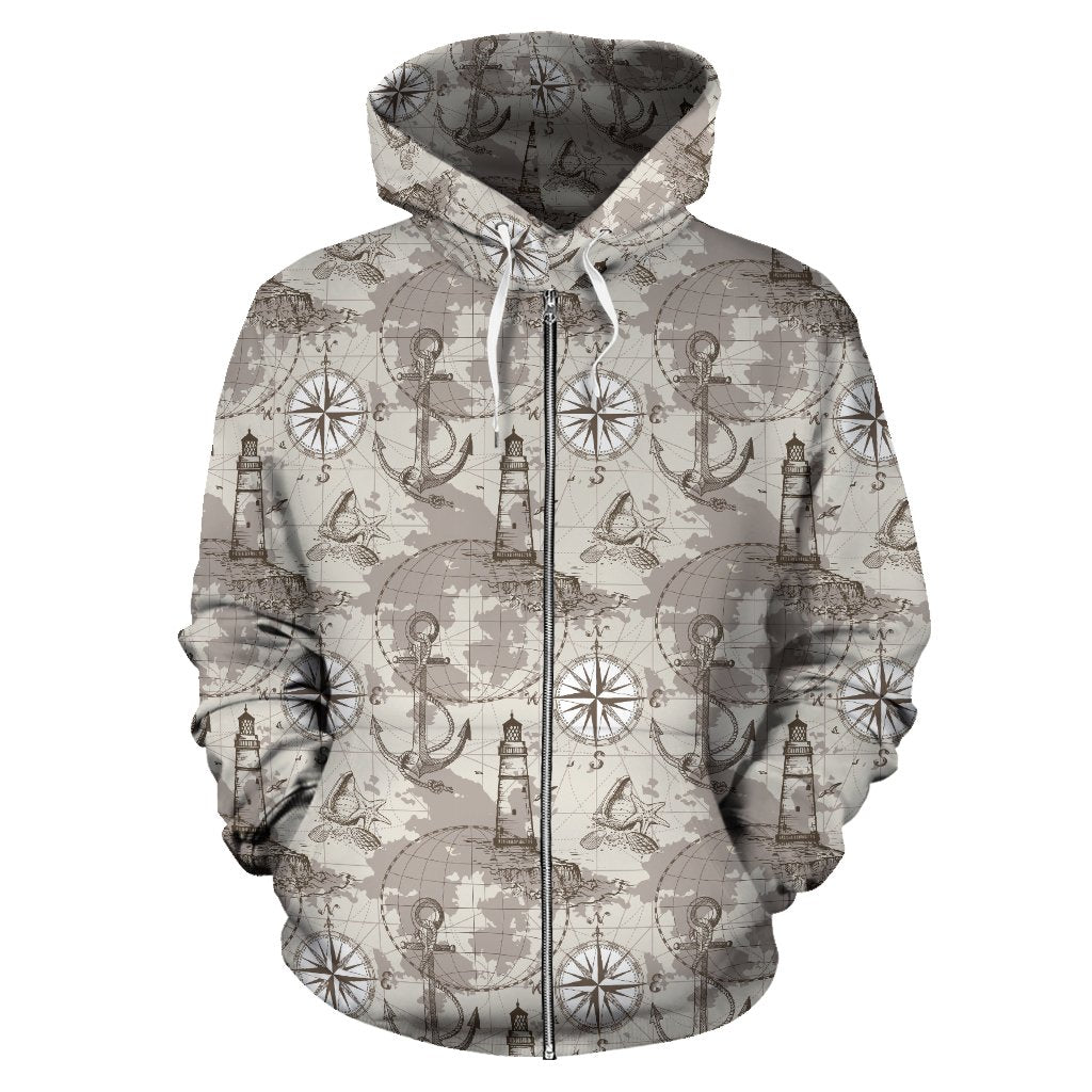 Nautical Map Design Themed Print Zip Up Hoodie - JTAMIGO