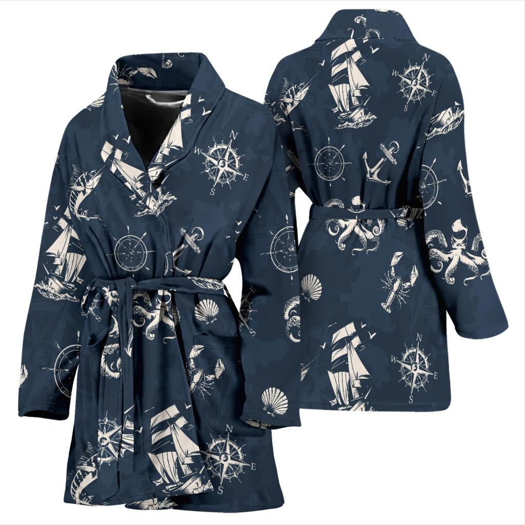 Nautical Sea Themed Print Women Bathrobe - JTAMIGO