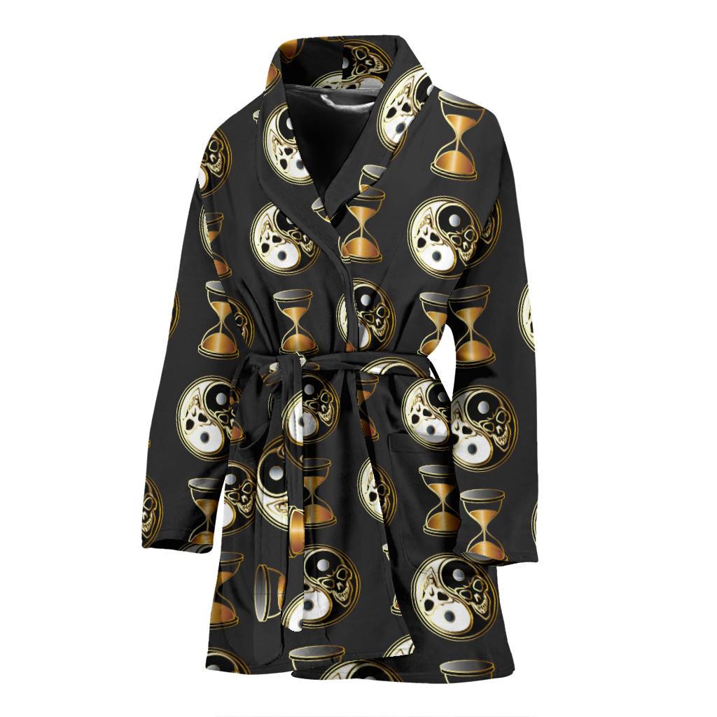 Yin Yang Skull Themed Design Print Women Bathrobe - JTAMIGO